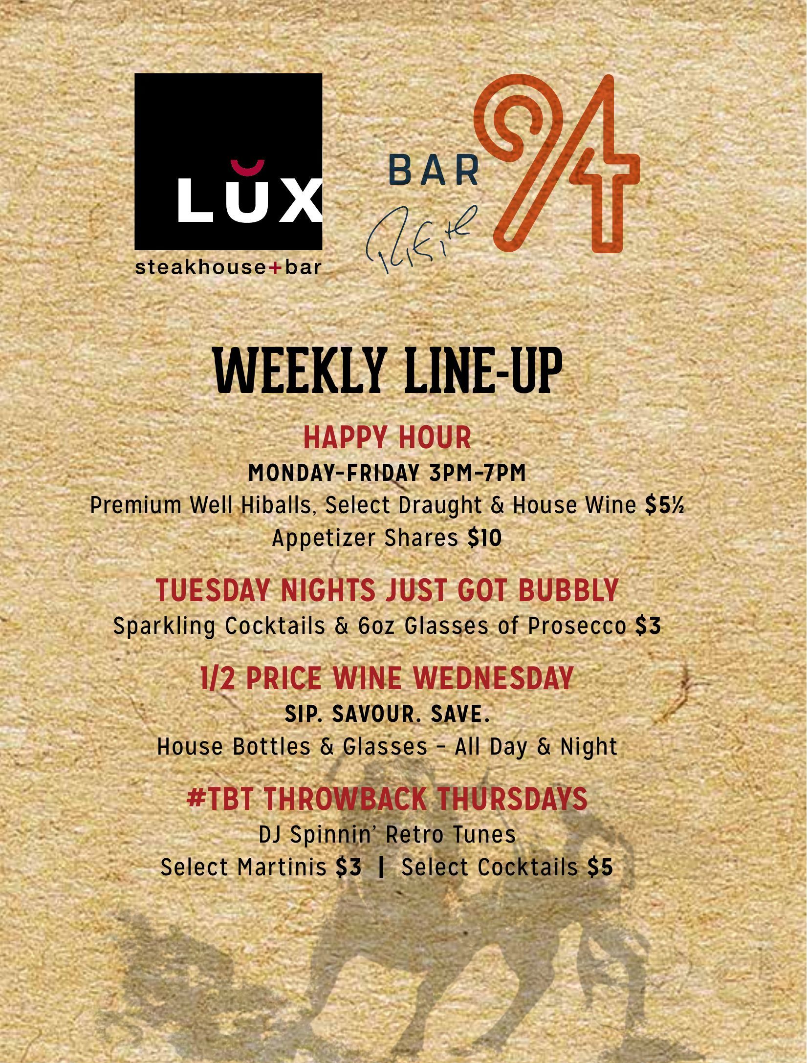 LUX Steakhouse & Bar 94 menu in Edmonton, Alberta, Canada