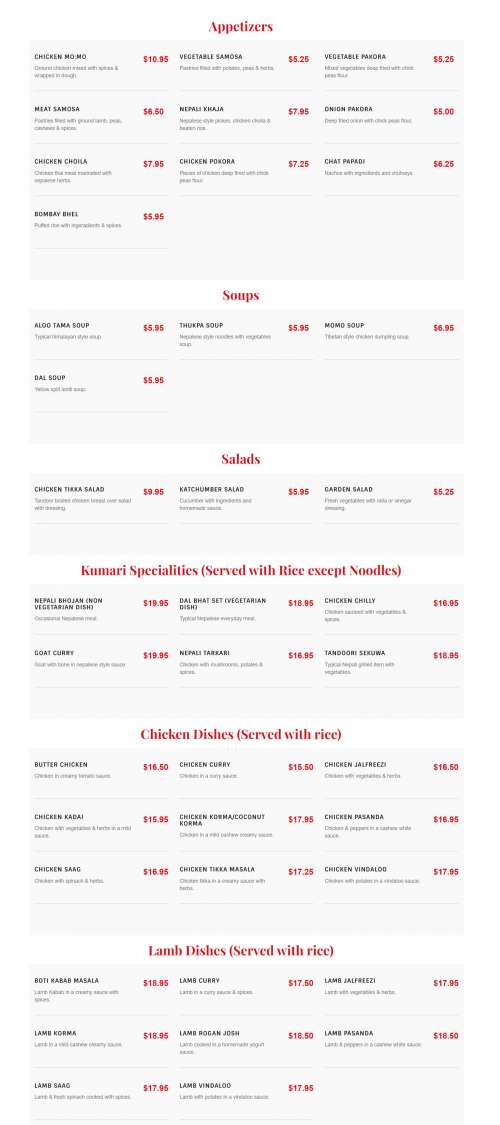 Kumari Restaurant & Bar - Mount Vernon menu in Baltimore, Maryland, USA