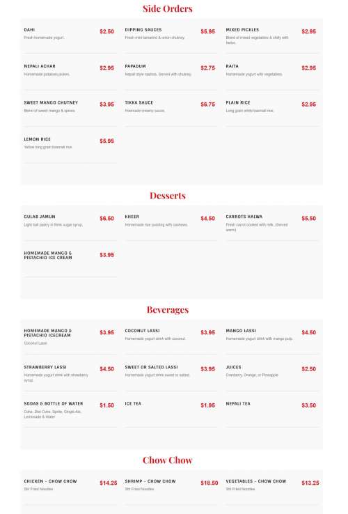 Kumari Restaurant & Bar - Mount Vernon menu in Baltimore, Maryland, USA