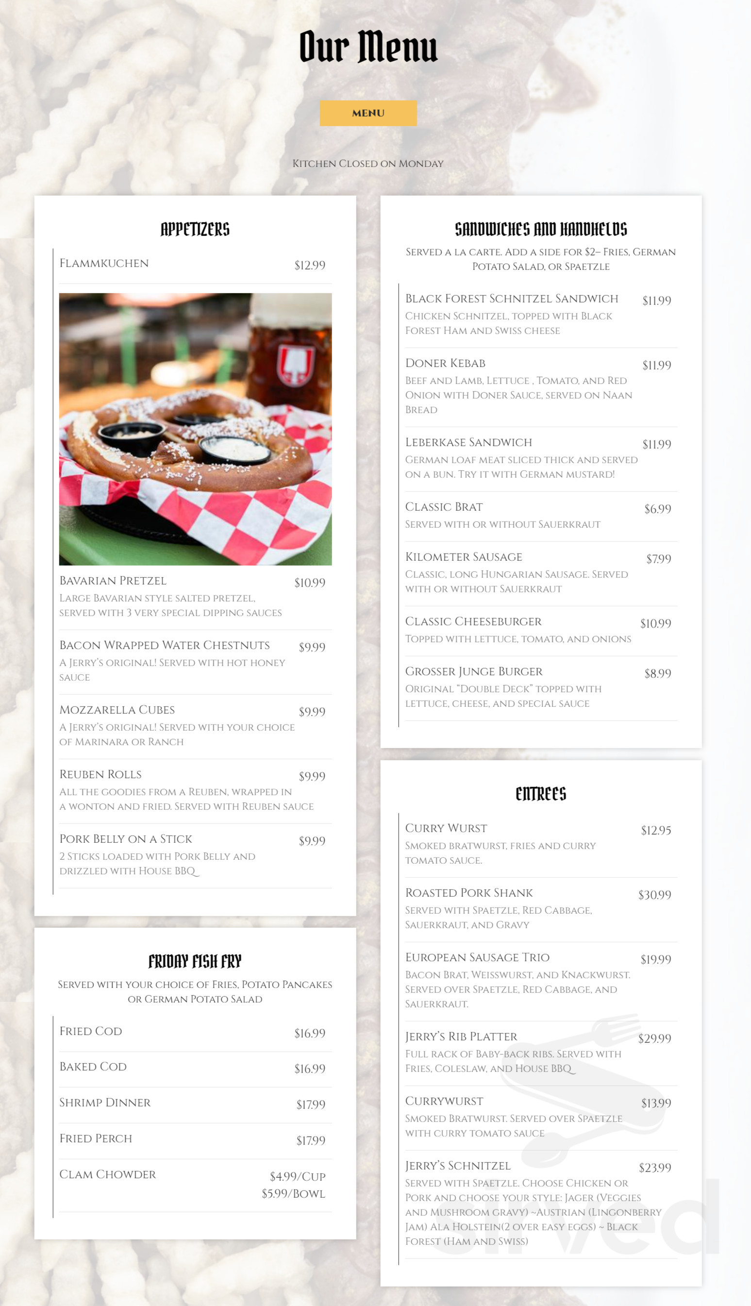 Menu for Von Rothenburg Bier Stube in Germantown, WI | Sirved