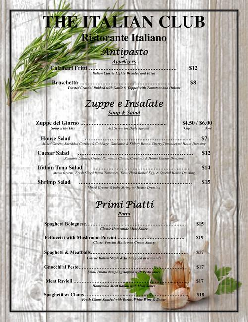 Peninsula Italian American Social Club menu in San Mateo, California, USA