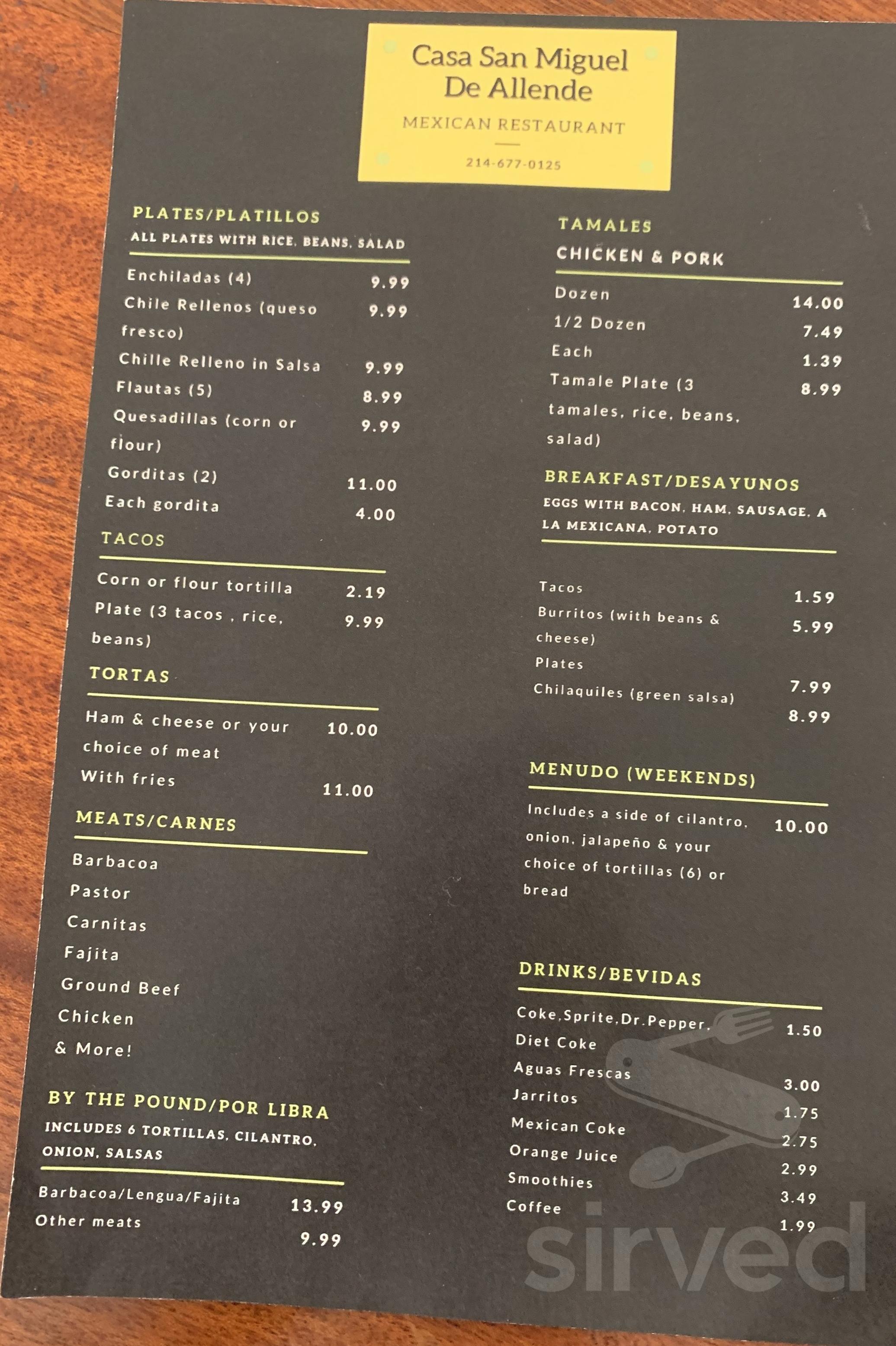 Menu for Casa San Miguel De Allende in Grand Prairie, TX | Sirved