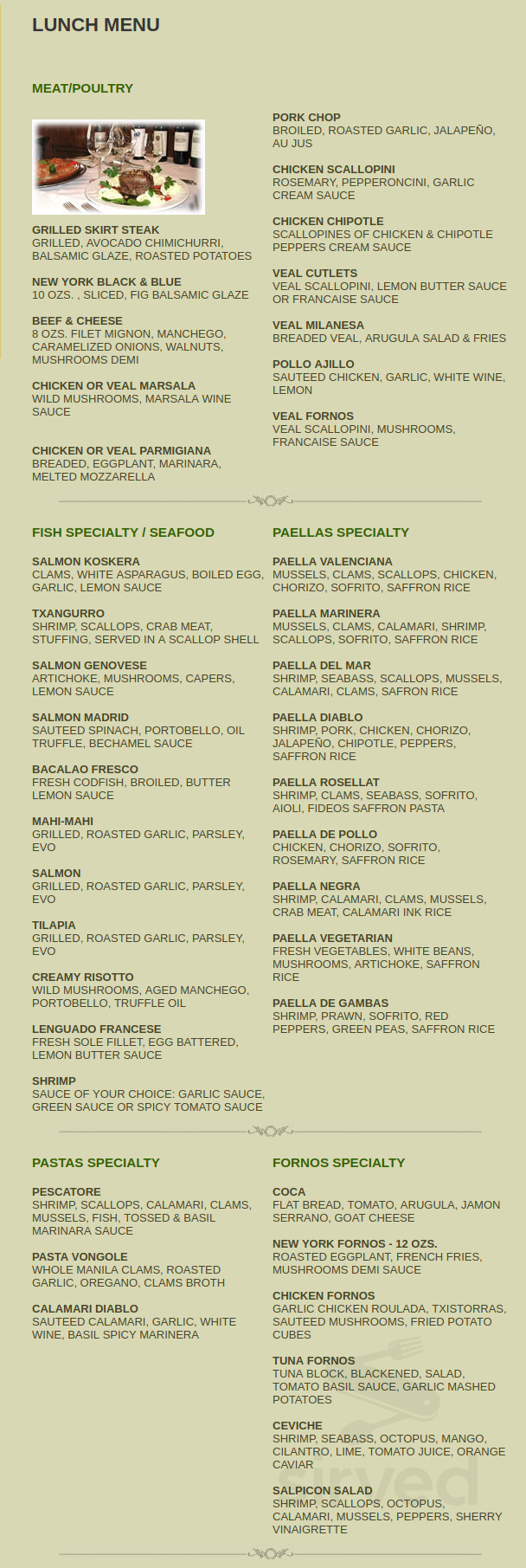 Fornos of Spain menu in Newark, New Jersey, USA