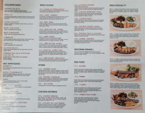 Reza Persian Grill menu in Houston, Texas, USA