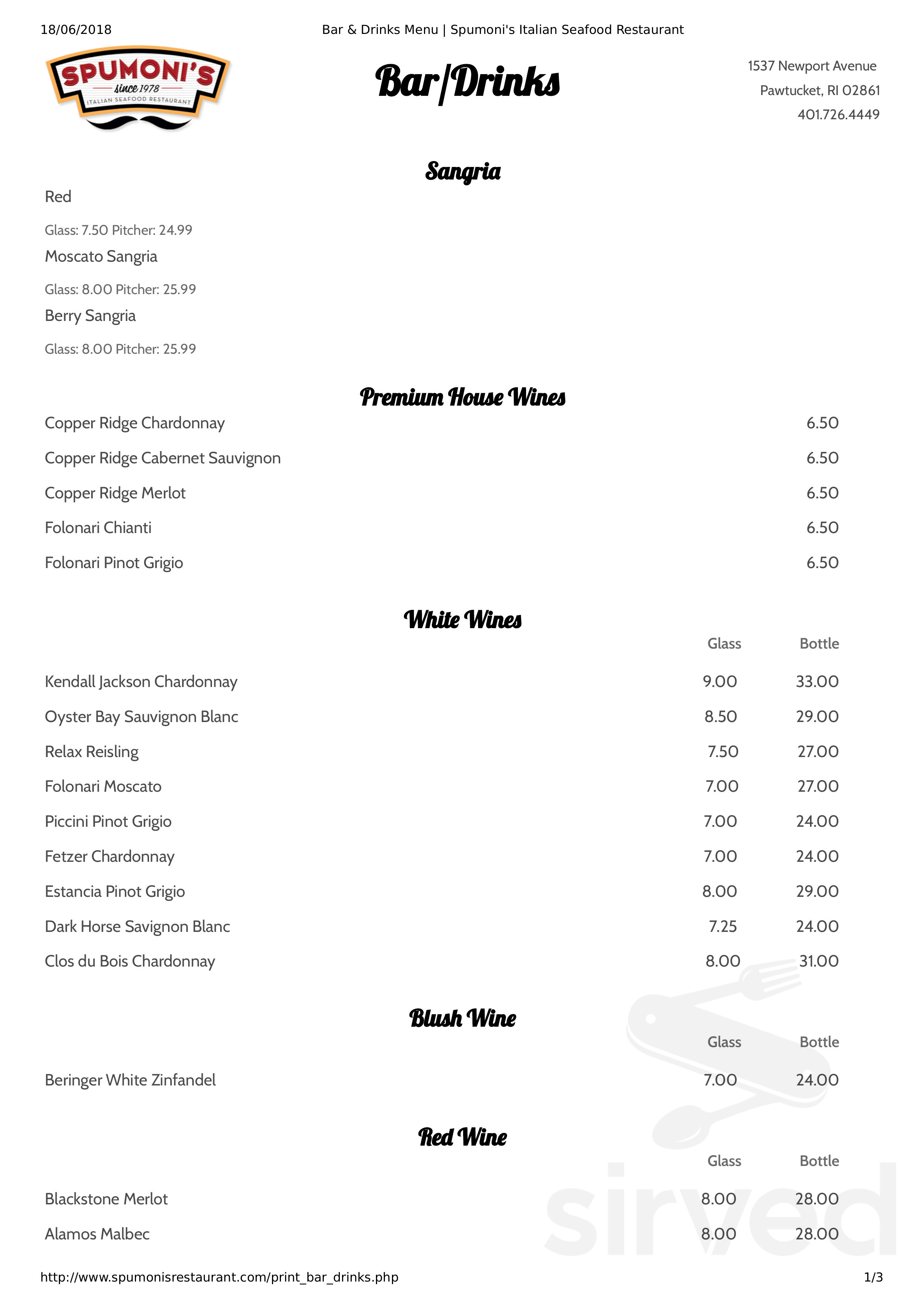 Spumoni's menu in Pawtucket, Rhode Island, USA