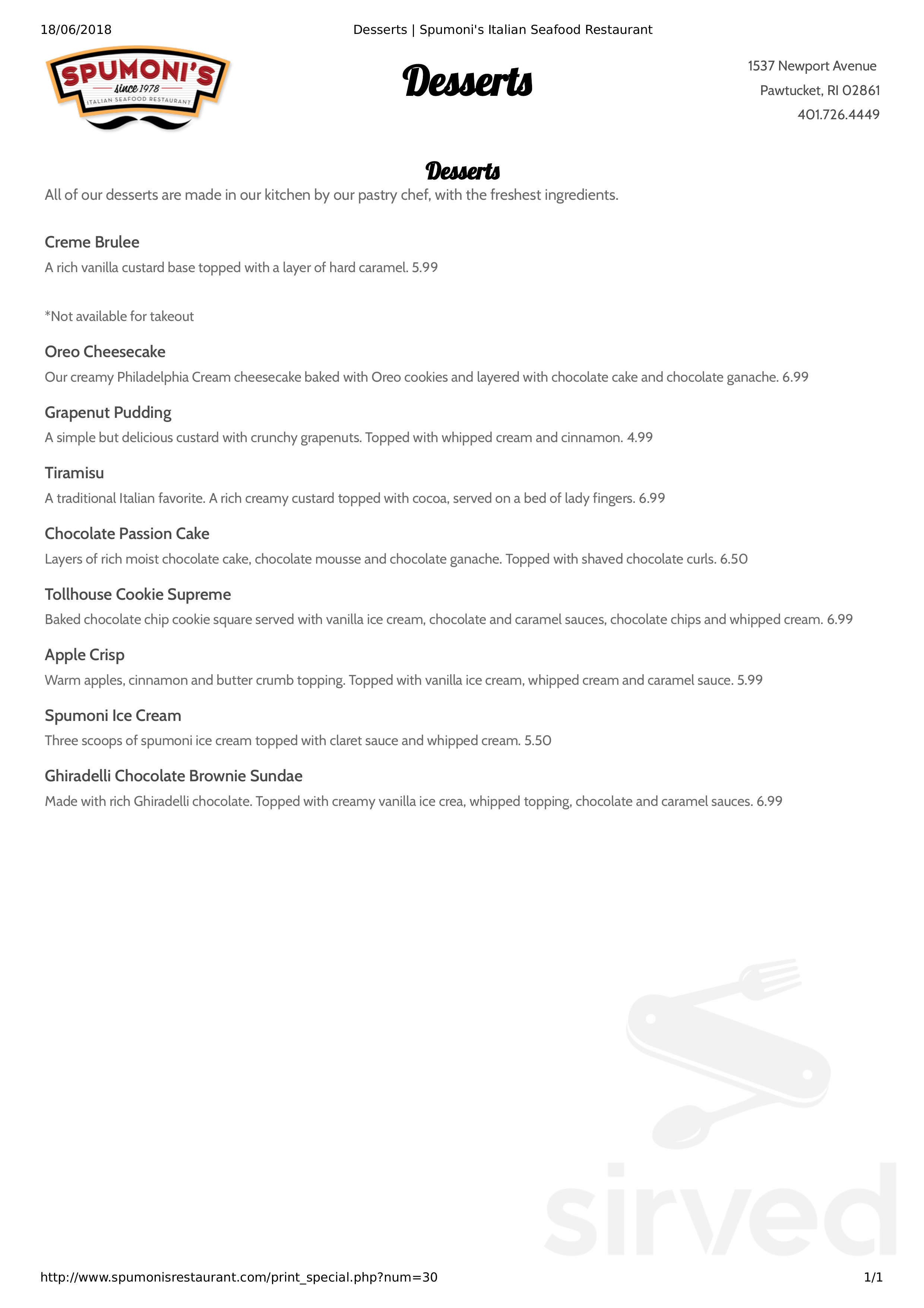 Spumoni's menu in Pawtucket, Rhode Island, USA