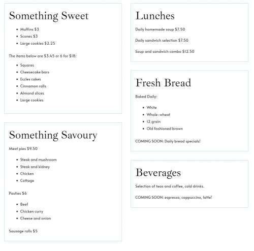 Essentially English Bakery & Cafe menu in Hantsport, Nova Scotia, Canada