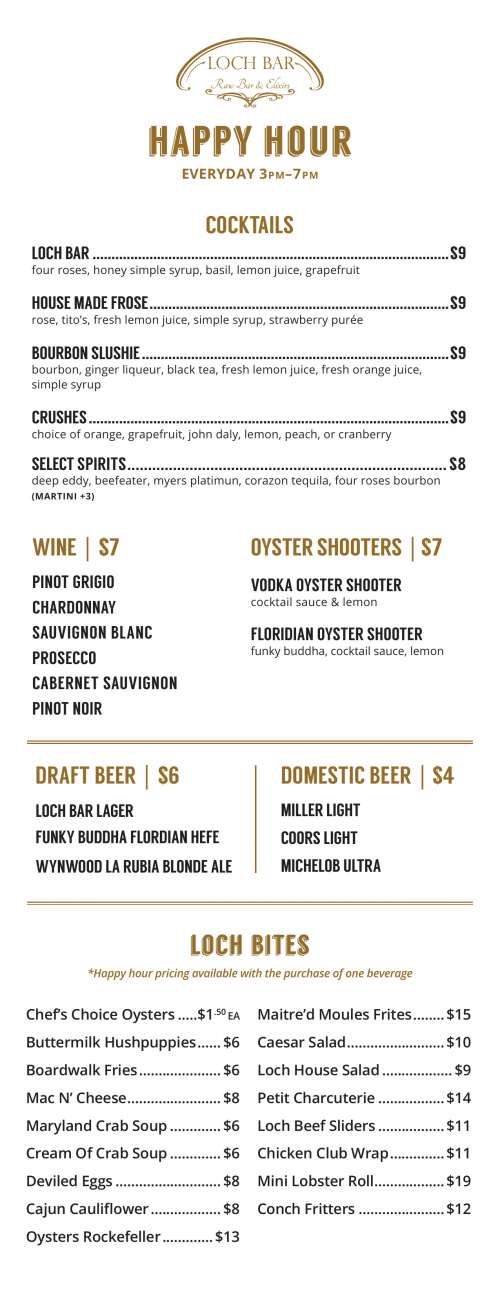 Loch Bar menu in Boca Raton, Florida, USA