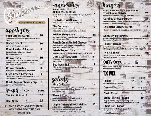 The Dirty South menu in Angleton, Texas, USA