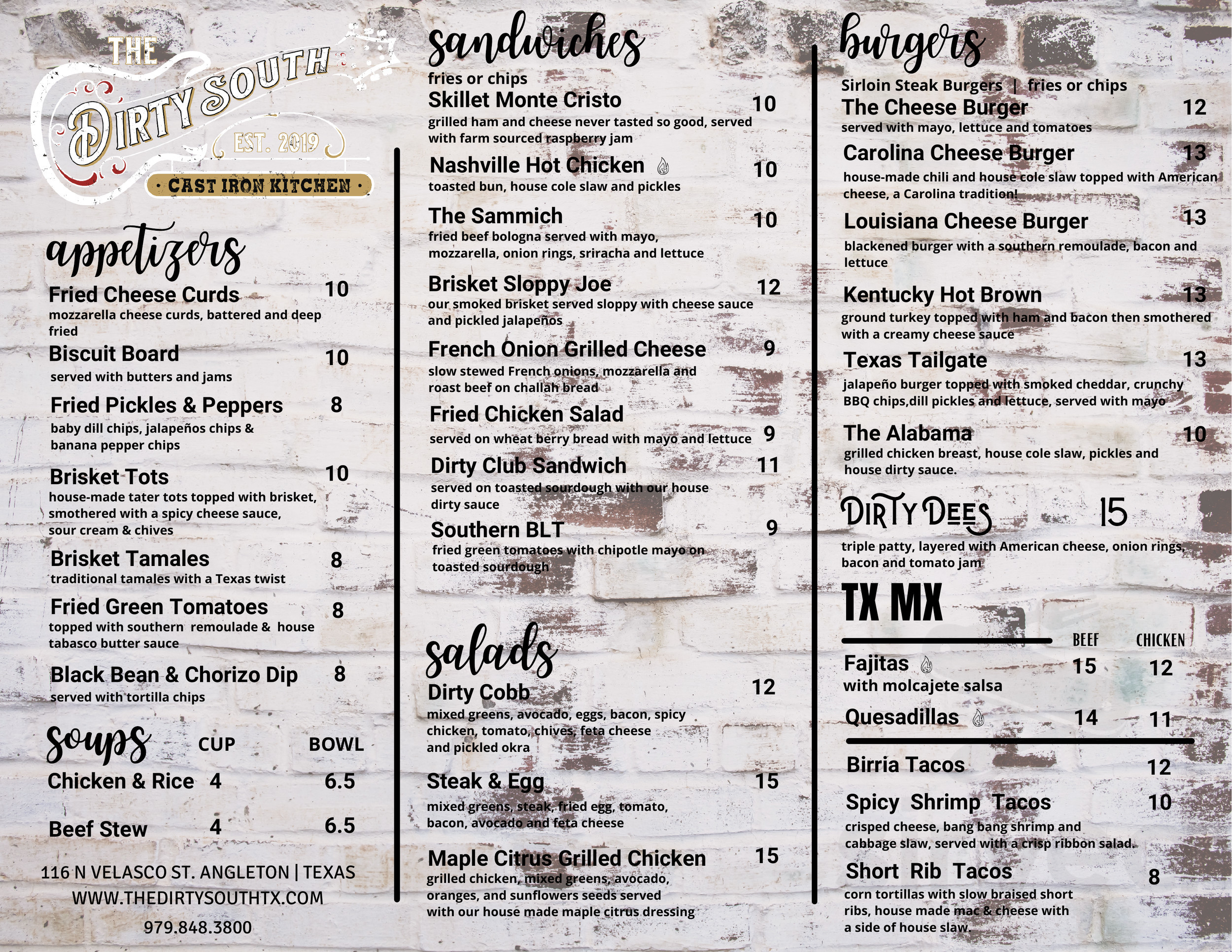 The Dirty South menu in Angleton, Texas, USA