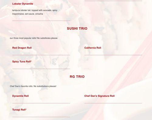 Red Ginger menu in Traverse City, Michigan, USA