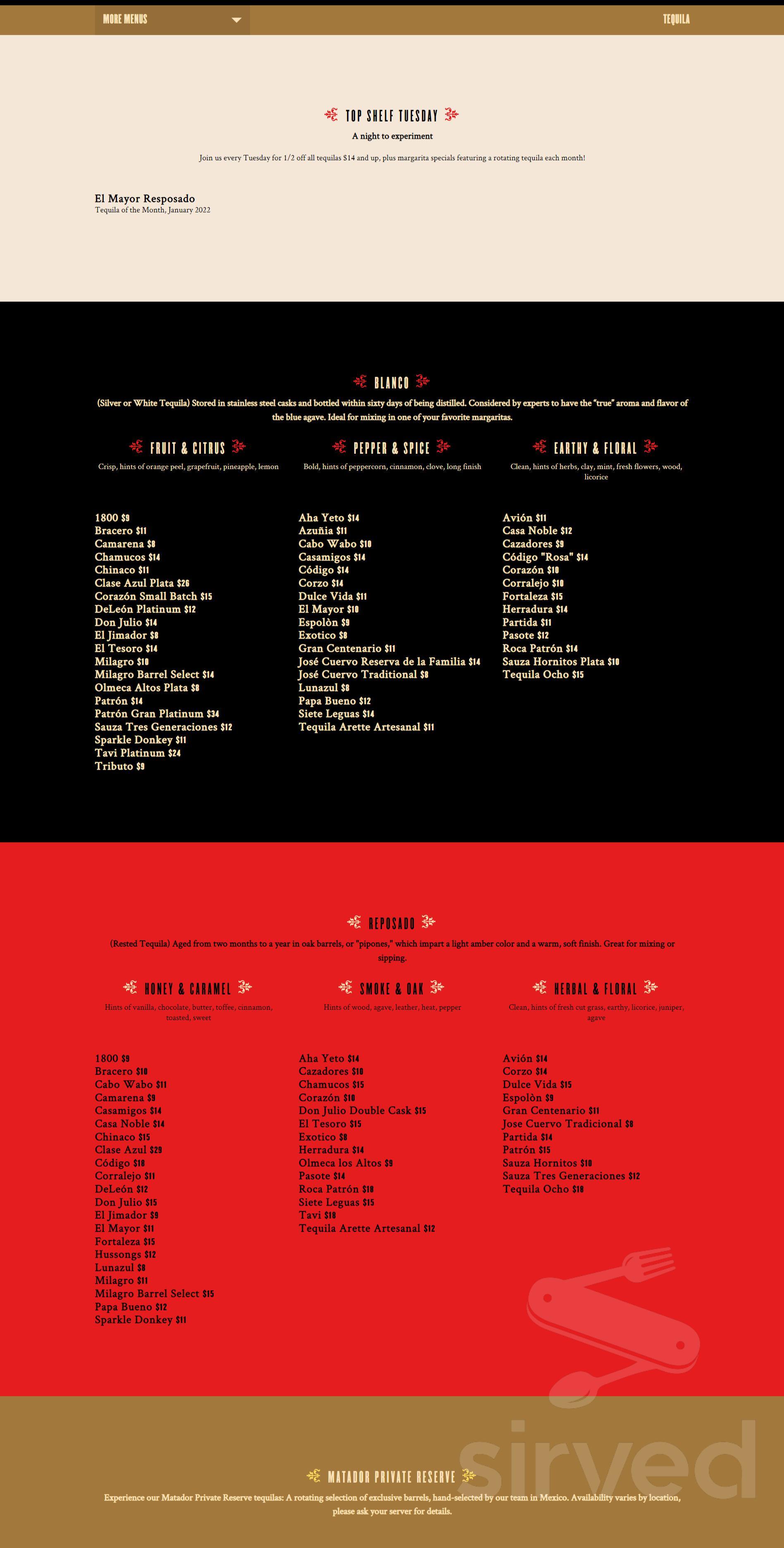 Menu - Redmond WA's Matador Redmond | Sirved