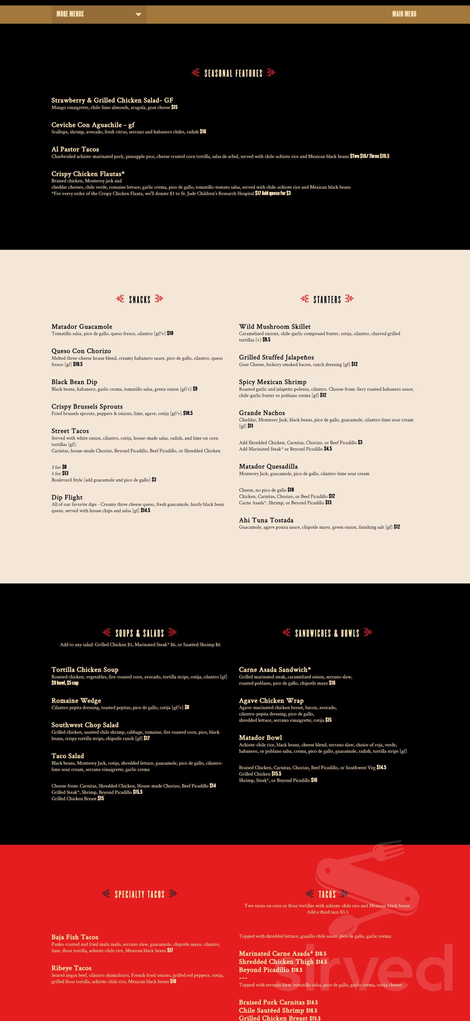 Menu - Redmond WA's Matador Redmond | Sirved