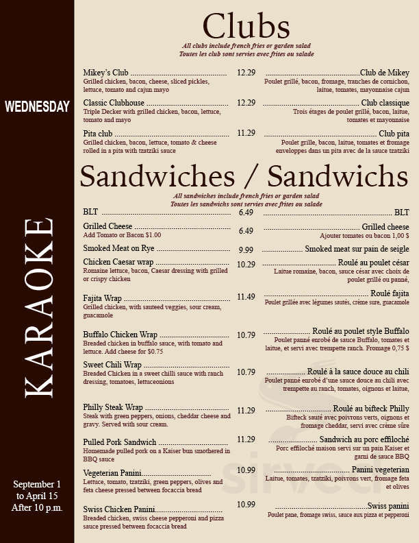 Father & Sons Restaurant menu in Ottawa, Ontario, Canada