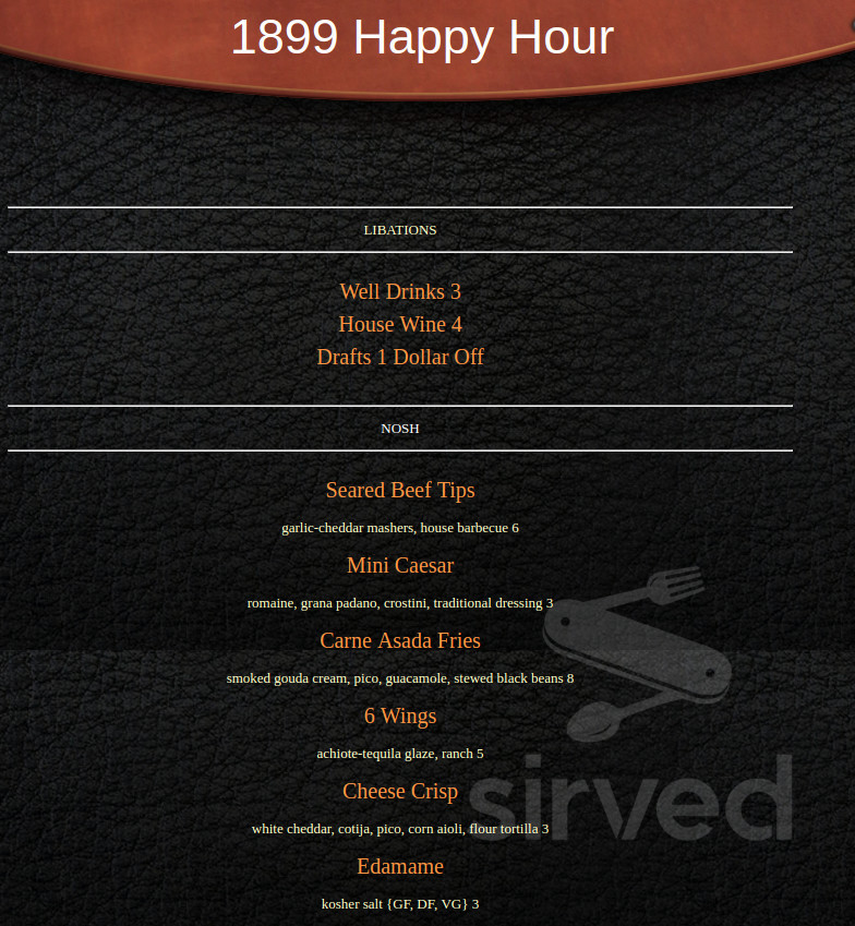 1899 Bar and Grill menu in Flagstaff, Arizona, USA