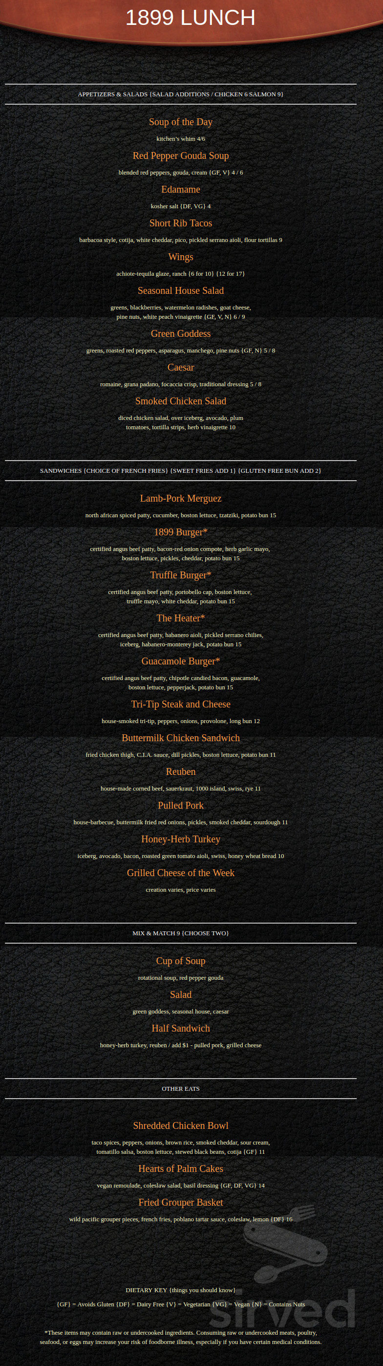 1899 Bar and Grill menu in Flagstaff, Arizona, USA