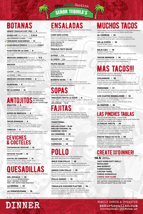 Señor Tequila's menu in Fairfax, Virginia, USA