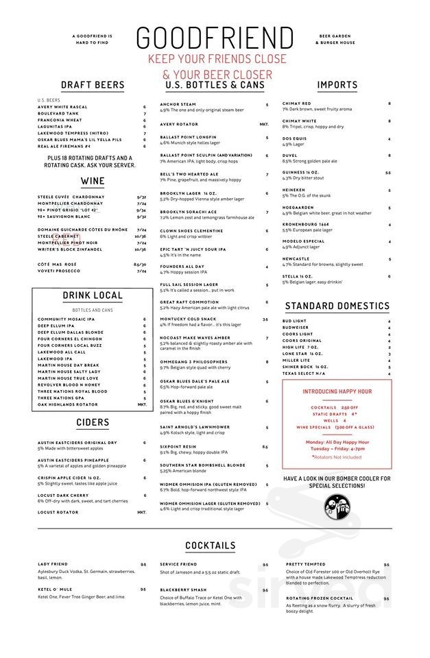 Menu for Goodfriend Beer Garden & Burger House in Dallas, TX | Sirved