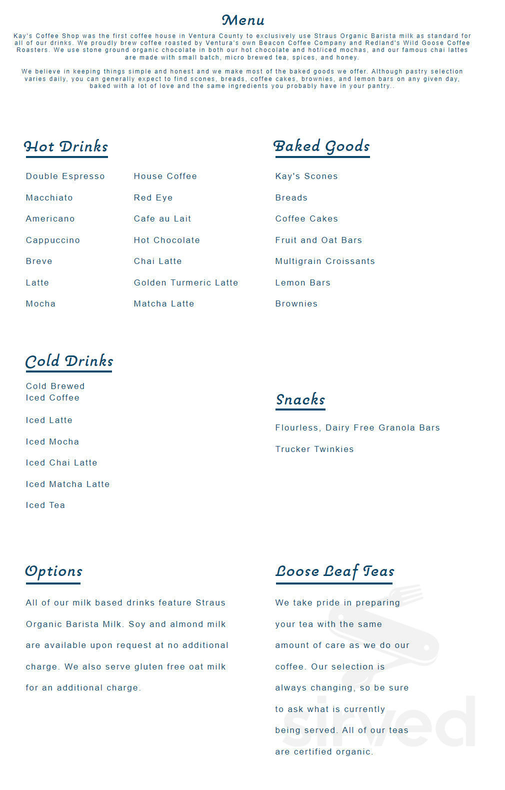 Kay's Coffee Shop menu in Camarillo, California, USA