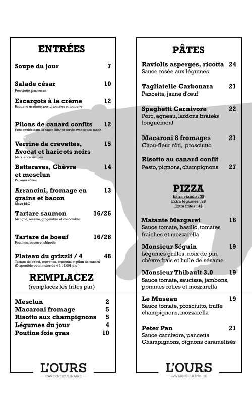 L'Ours Caverne Culinaire menu in La Prairie, Quebec J5R 1G2, Canada