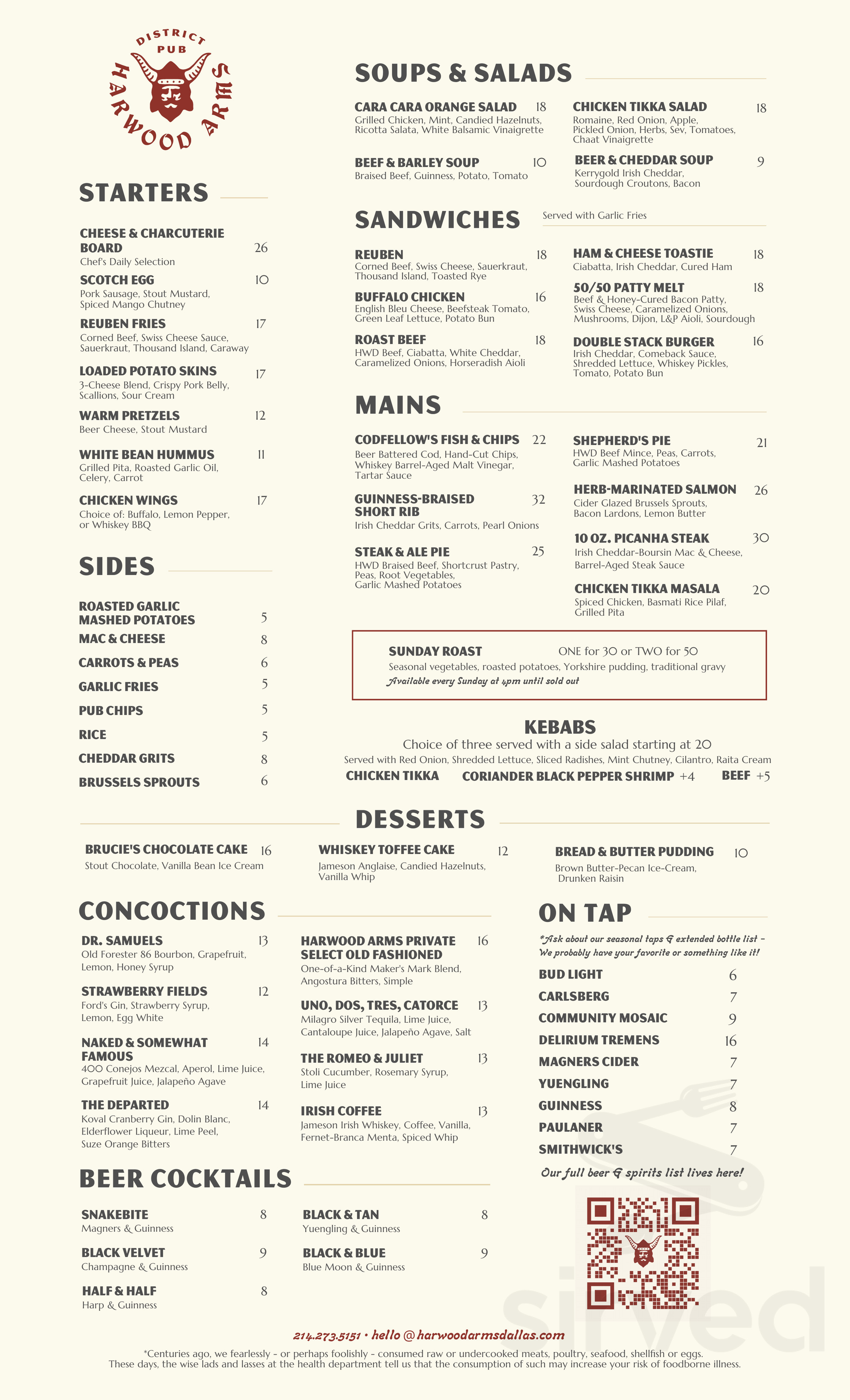 Harwood Arms menu in Dallas, Texas, USA