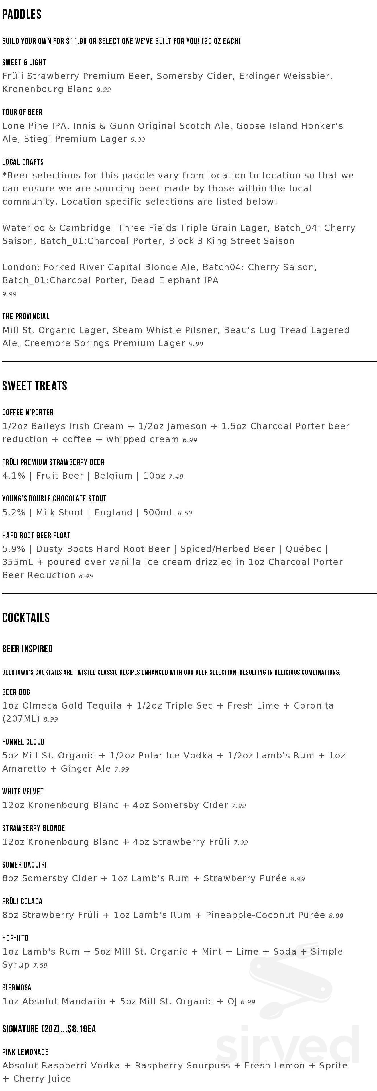 Beertown Public House Cambridge menu in Cambridge, Ontario, Canada