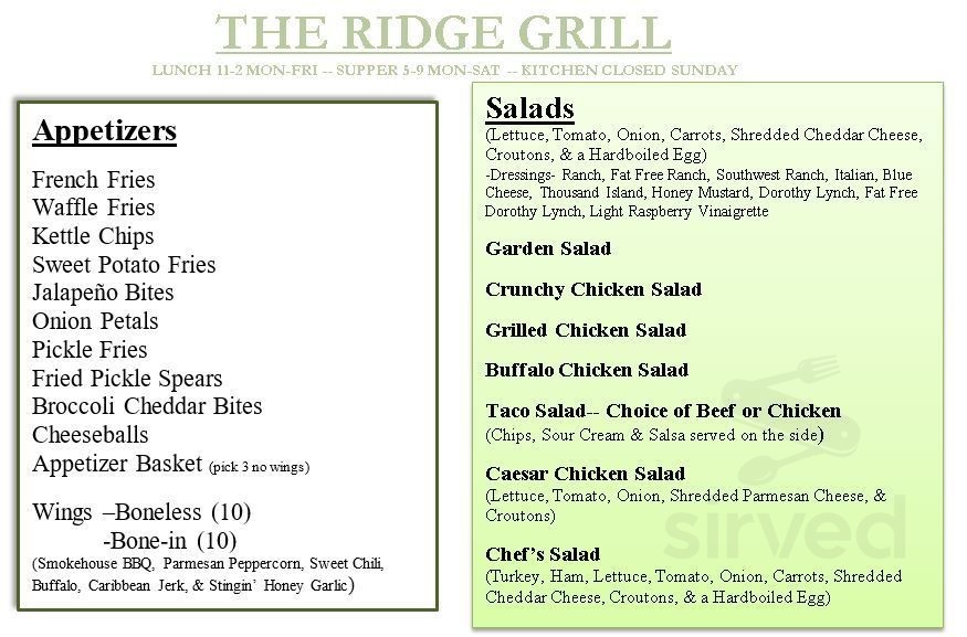 The Ridge Grille menu in Sioux Center, Iowa, USA