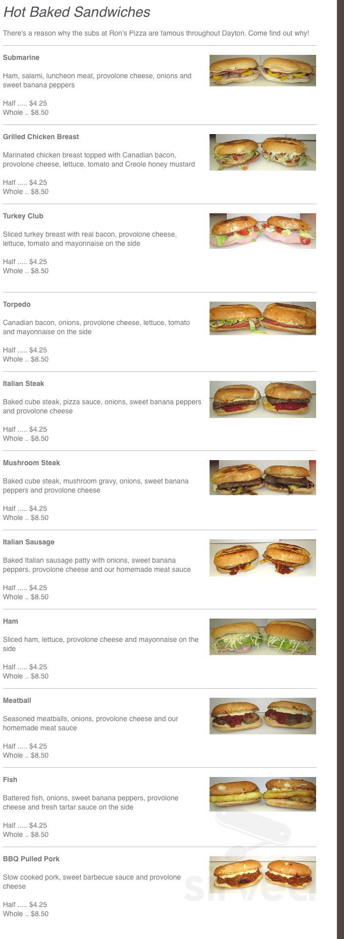 Ron's Pizza menu in Dayton, Ohio, USA