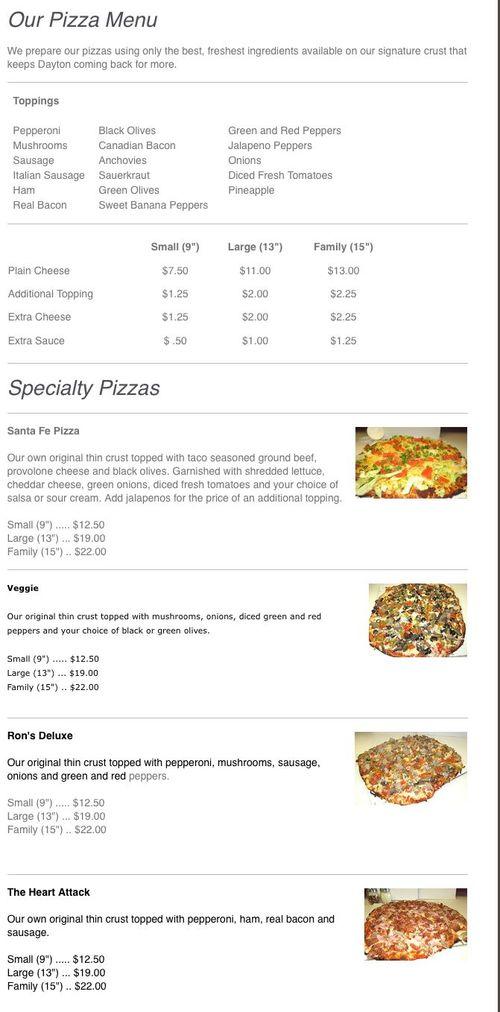 Ron's Pizza menu in Dayton, Ohio, USA