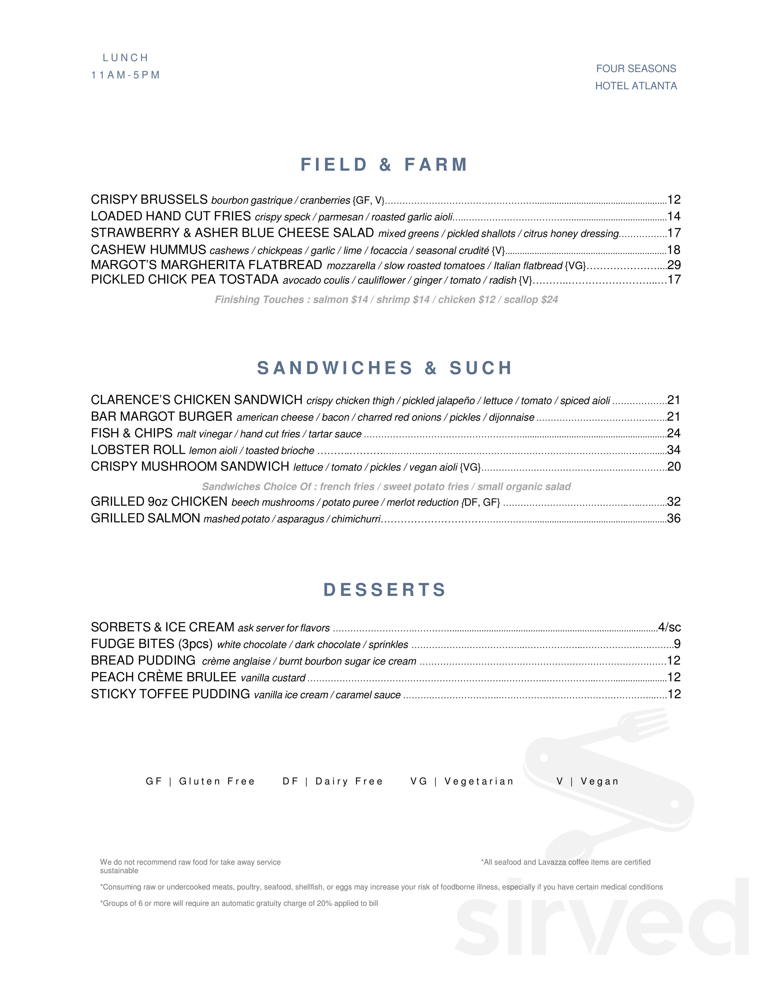 Bar Margot menu in Atlanta, Georgia, USA