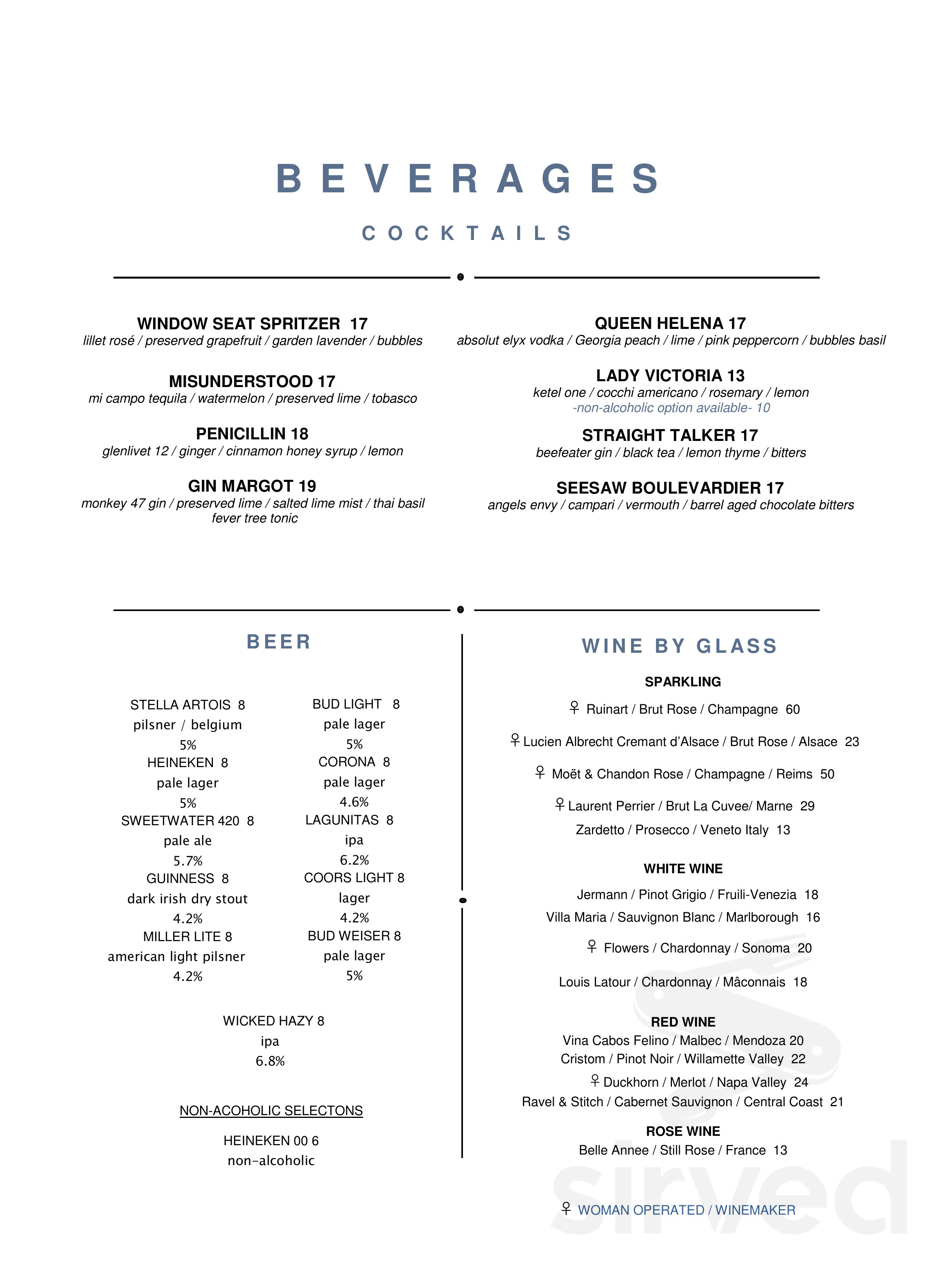 Bar Margot menu in Atlanta, Georgia, USA