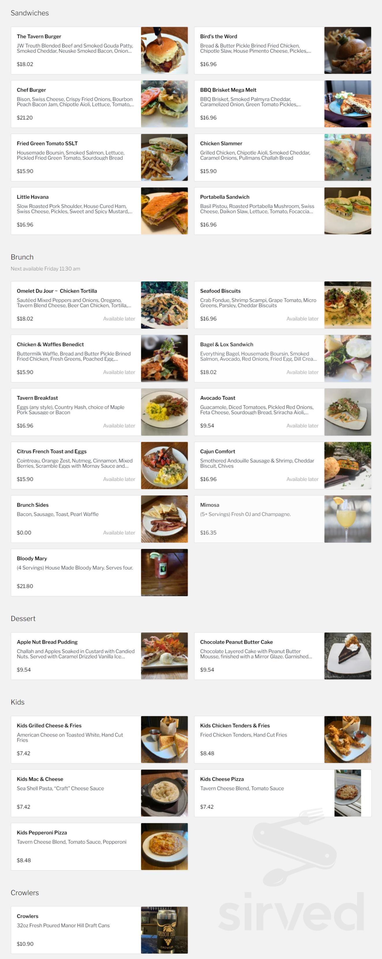 Menu for Manor Hill Tavern in Ellicott City, MD | Sirved
