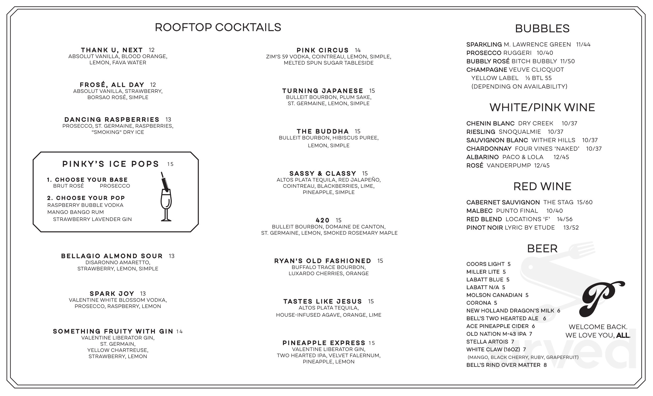 Pinky's Rooftop menu in Royal Oak, Michigan, USA