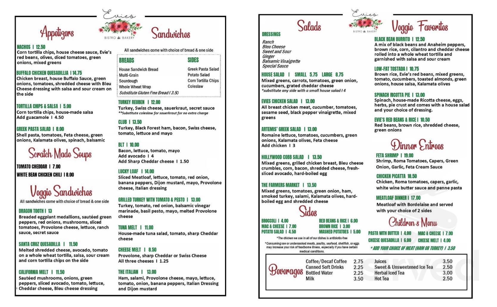Evie's Bistro and Bakery menu in Roanoke, Virginia, USA