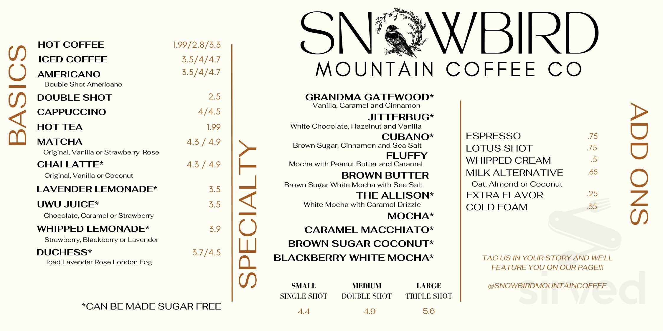 Snowbird Mountain Coffee Co. menu in Newport, Tennessee, USA