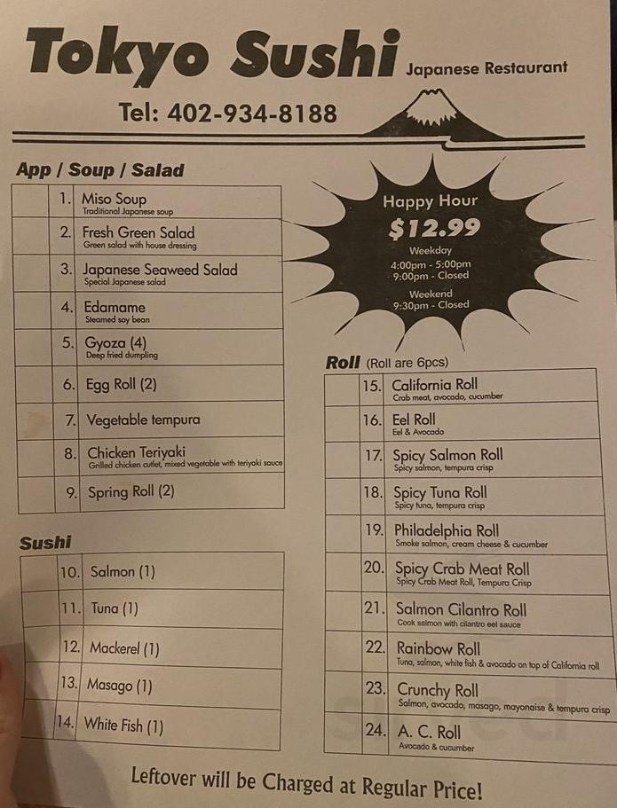 Tokyo Sushi menu in Omaha, Nebraska, USA