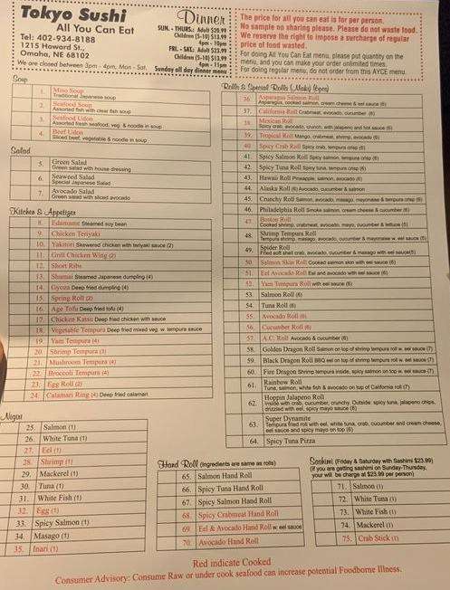 Tokyo Sushi menu in Omaha, Nebraska, USA