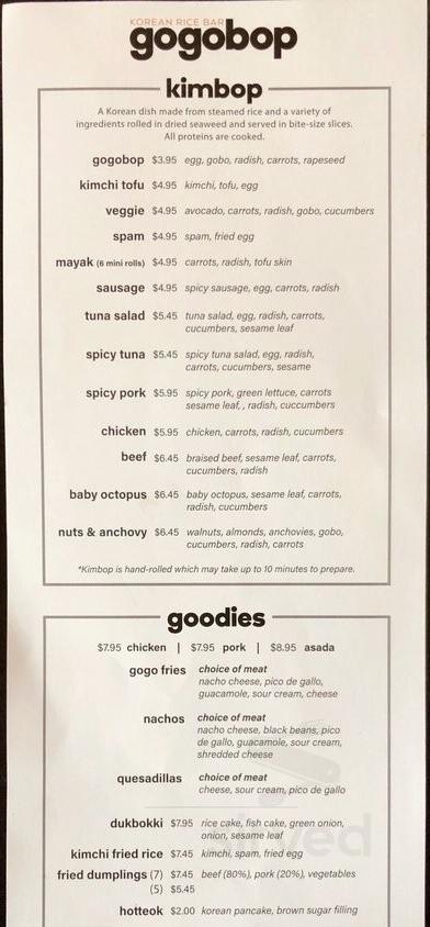 Gogobop Korean Rice Bar menu in Los Angeles, California, USA