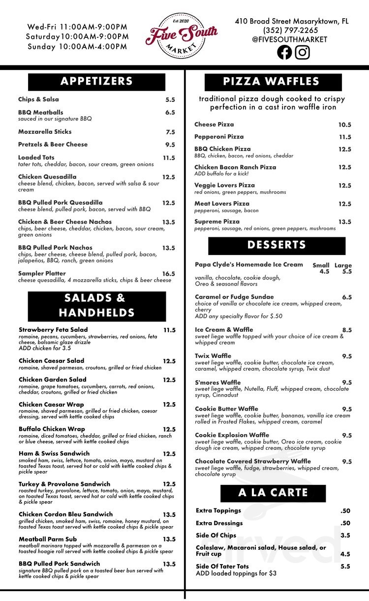 Five South Market menus in Masaryktown, Florida, United States