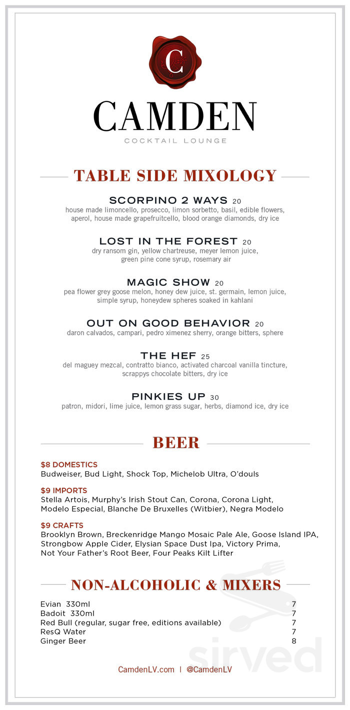 Camden Cocktail Lounge menus in Las Vegas, Nevada, United States