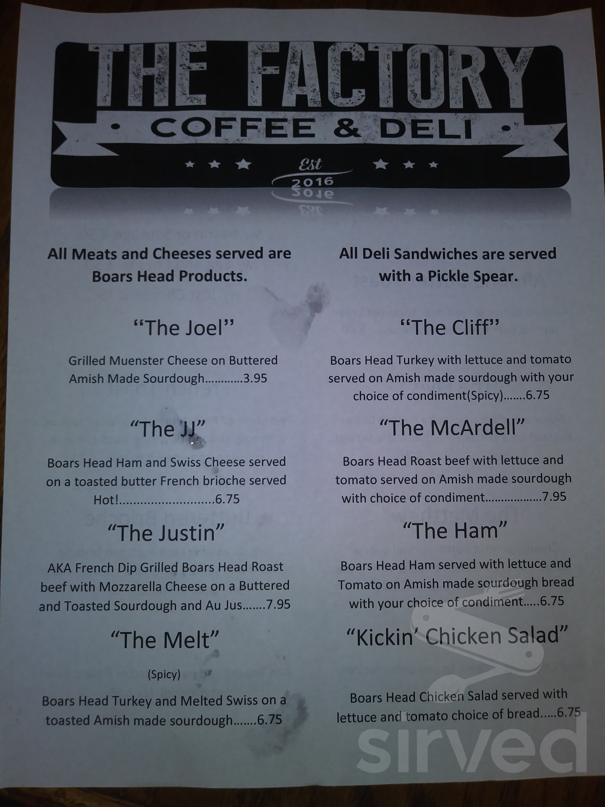 Menu - Mocksville NC's The Factory Coffee House | Sirved
