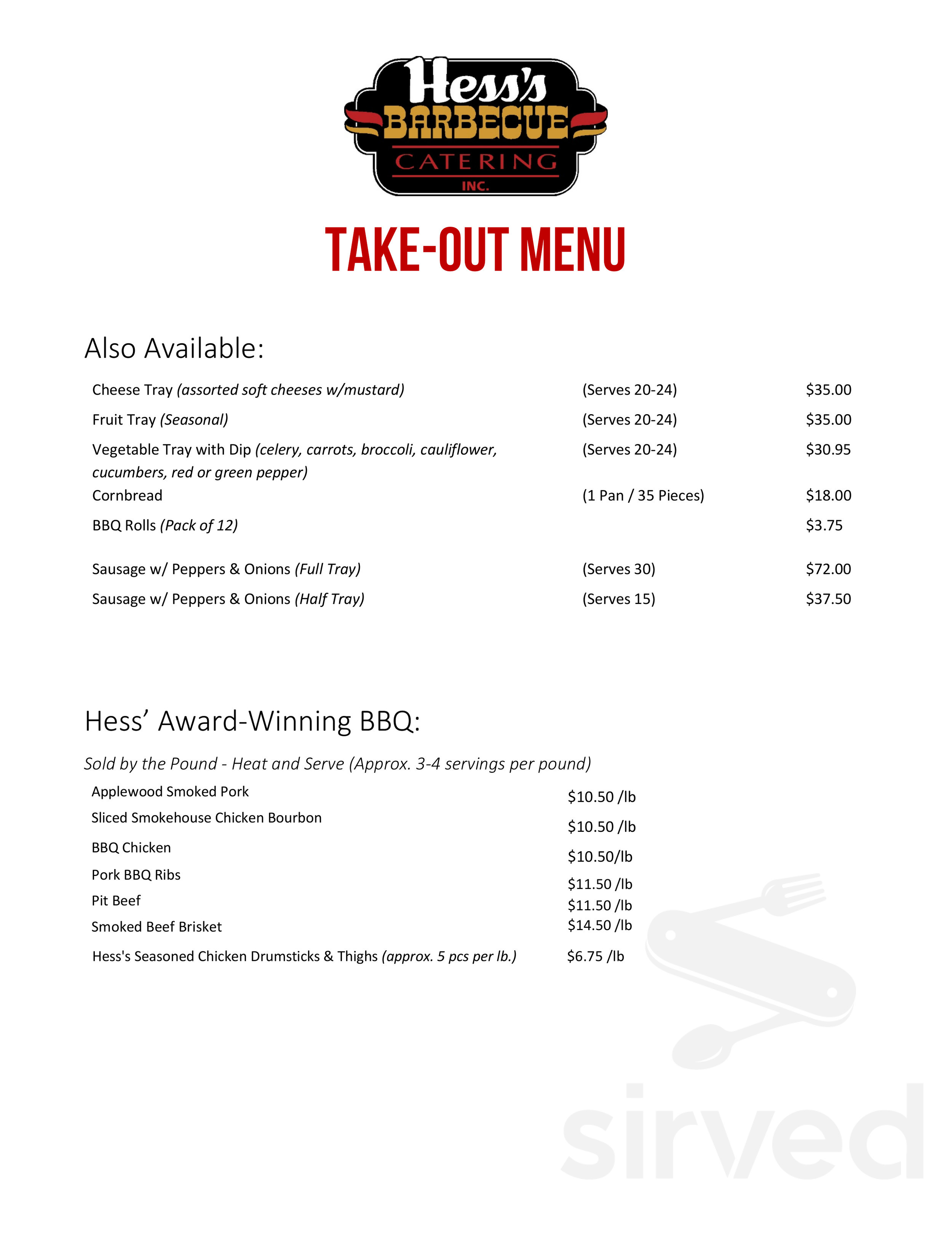 Hess Barbecue Catering menu in Willow Street, Pennsylvania, USA