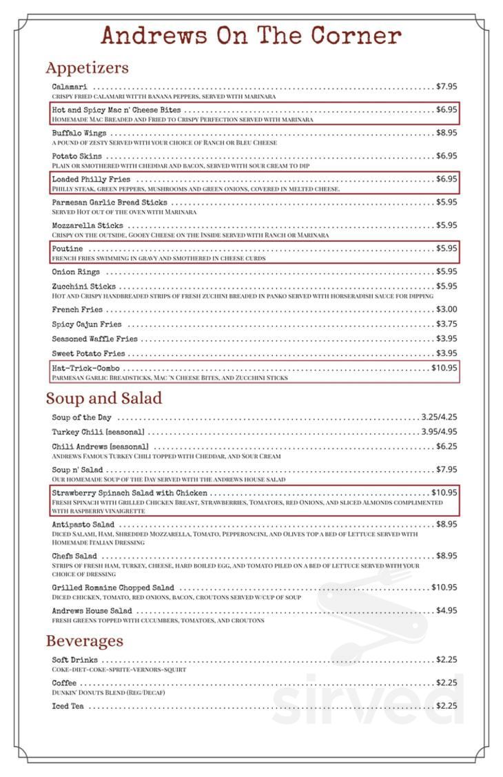 Andrews on the Corner menu in Detroit, Michigan, USA