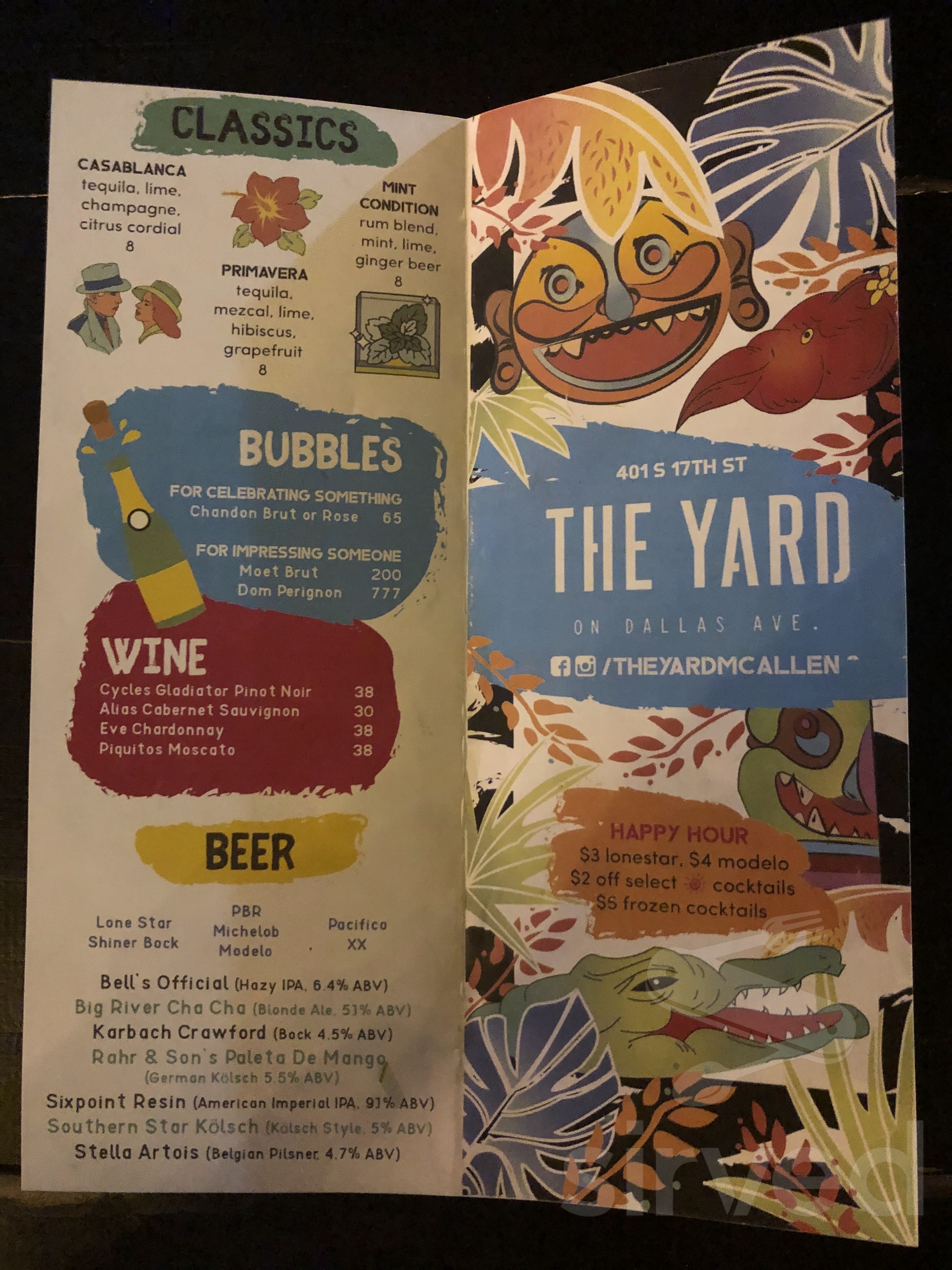 The Yard menu in McAllen, Texas, USA