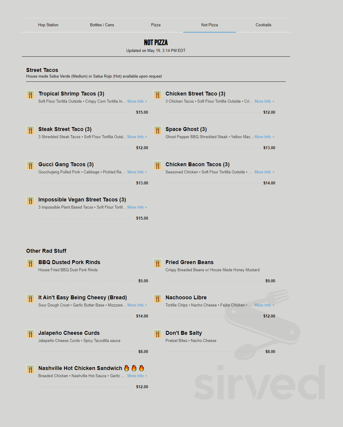 Hop Station menu in Mishawaka, Indiana, USA