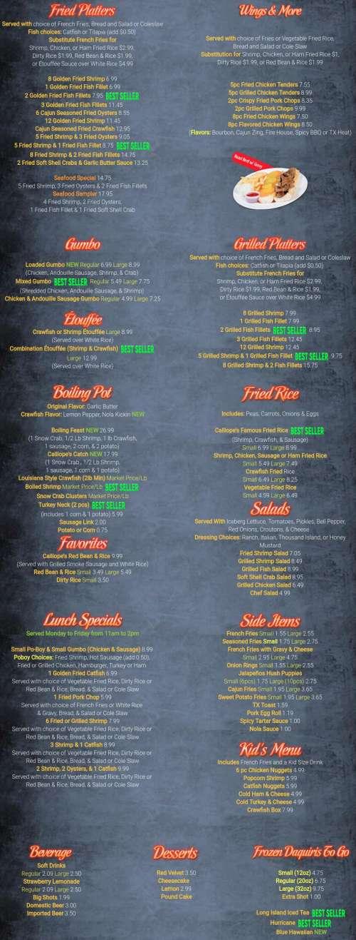 Calliope's menu in Houston, Texas, USA