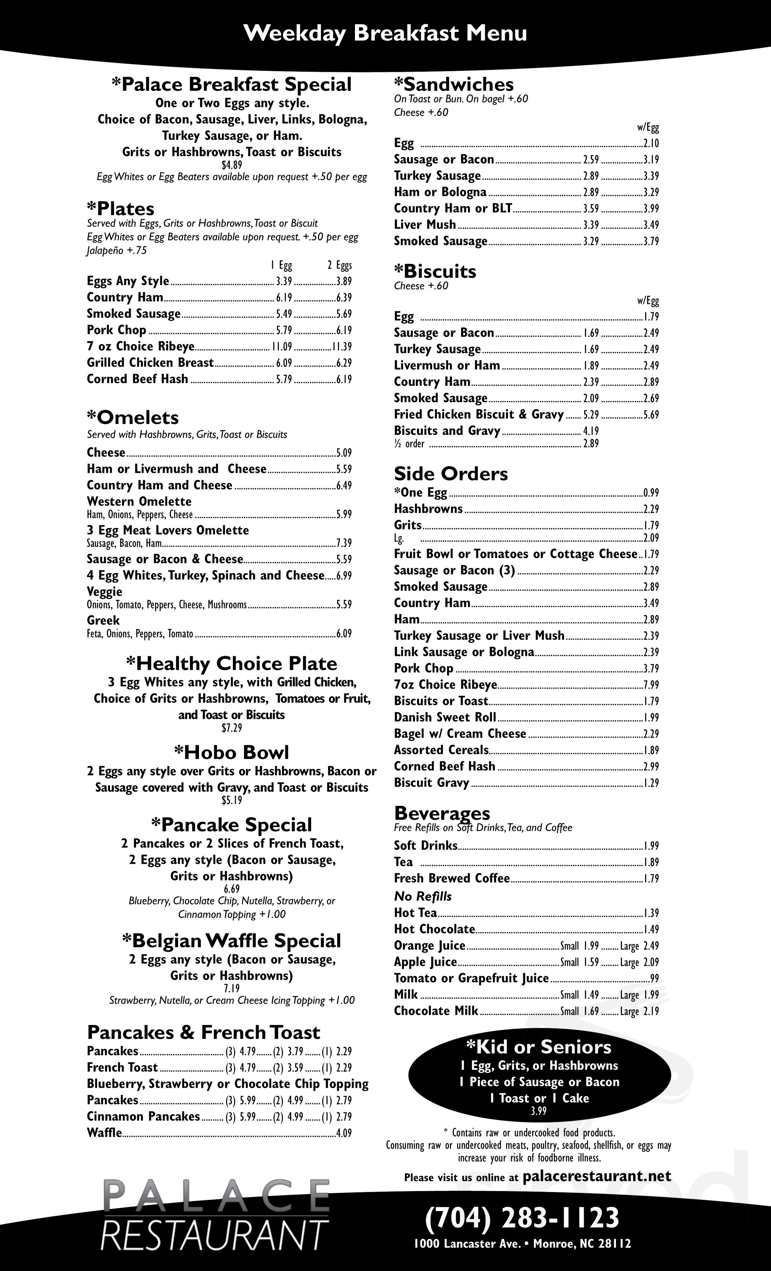 Palace Restaurant menu in Monroe, North Carolina, USA