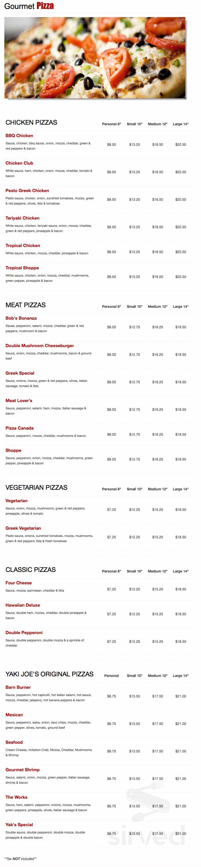 Yaki Joe's Pizza menu in Merritt, British Columbia, Canada