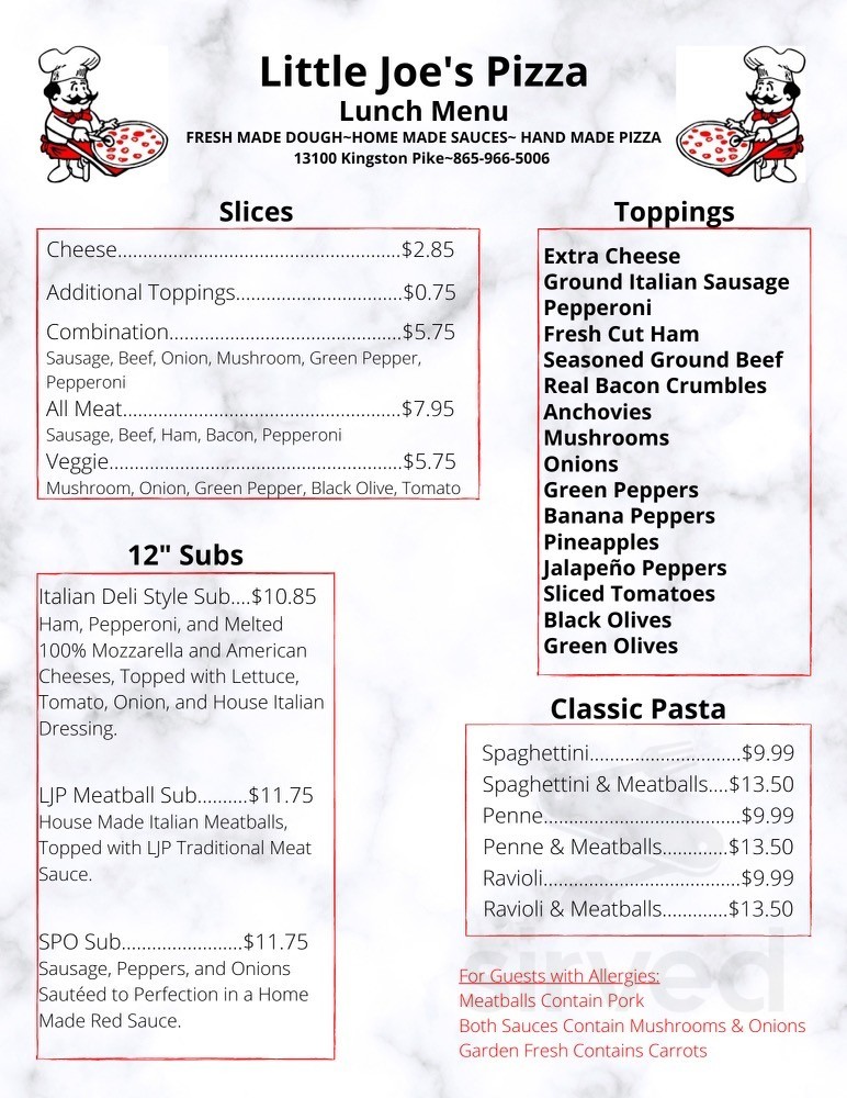 Little Joe's Pizza menu in Knoxville, Tennessee, USA