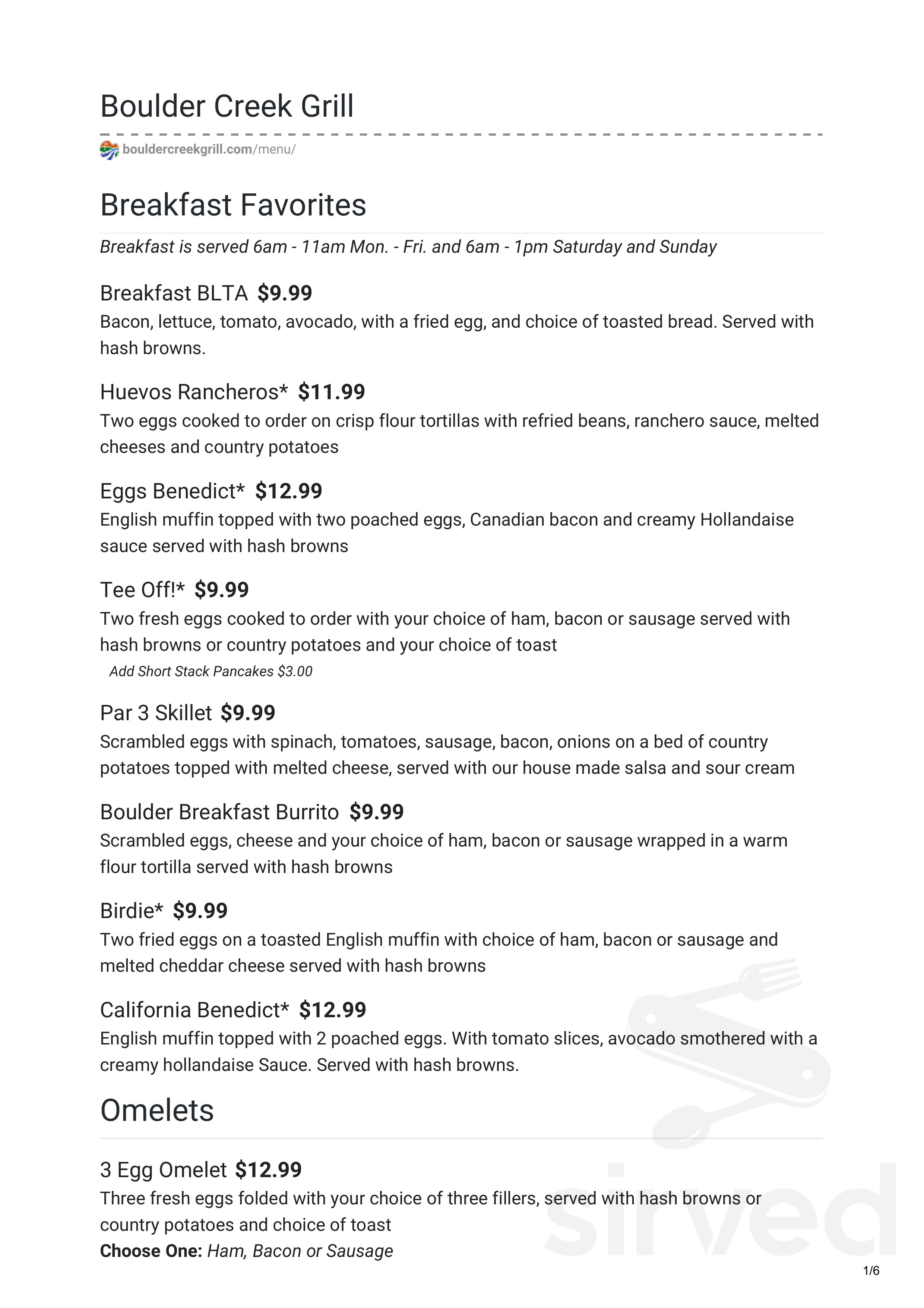 Boulder Creek Grill menu in Boulder City, Nevada, USA